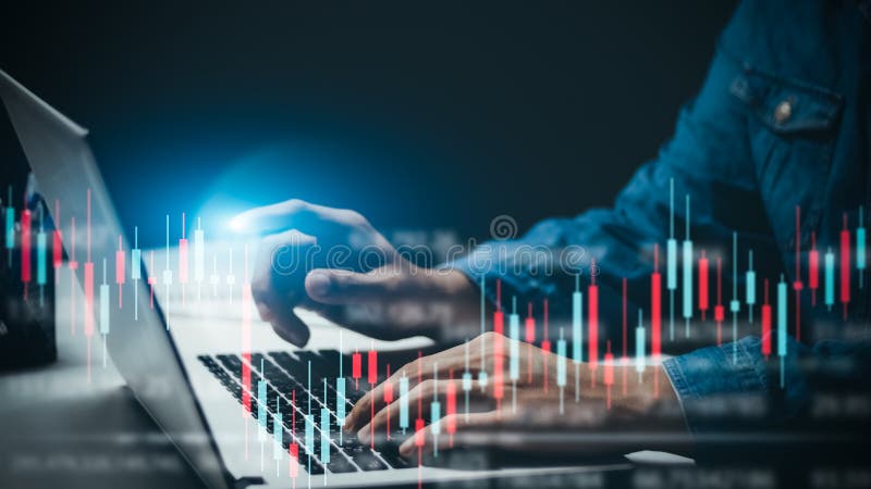 Businessman Working in Office, Technical Price Chart and Red and Green ...