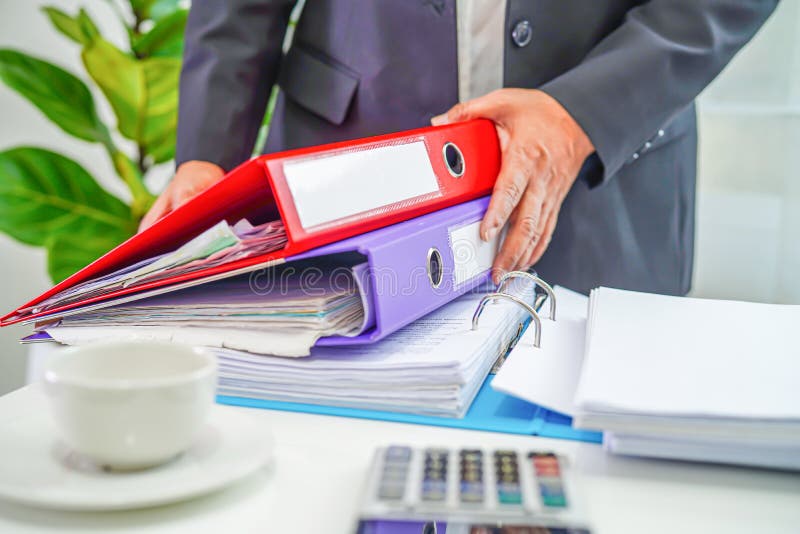 Stack of Binder File Folder on Table in Business Modern Office..on ...