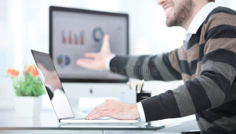 Businessman Working with Project Statistics Data, Using Laptop Stock ... Businessman Working with Project Statistics Data, Using Laptop Stock ...