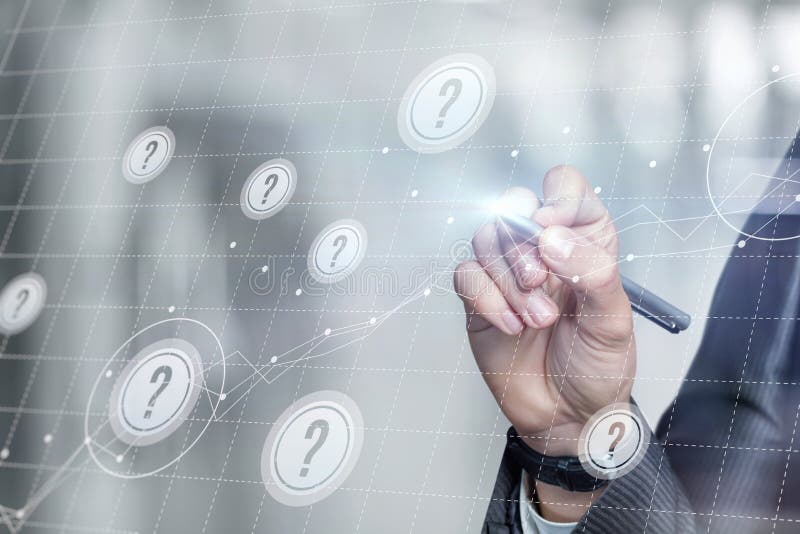 Businessman Working with Questions on a Virtual Computer Screen Stock ...