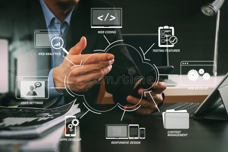 Businessman Working with Smart Phone and Digital Tablet and Laptop Computer in Modern Office ...