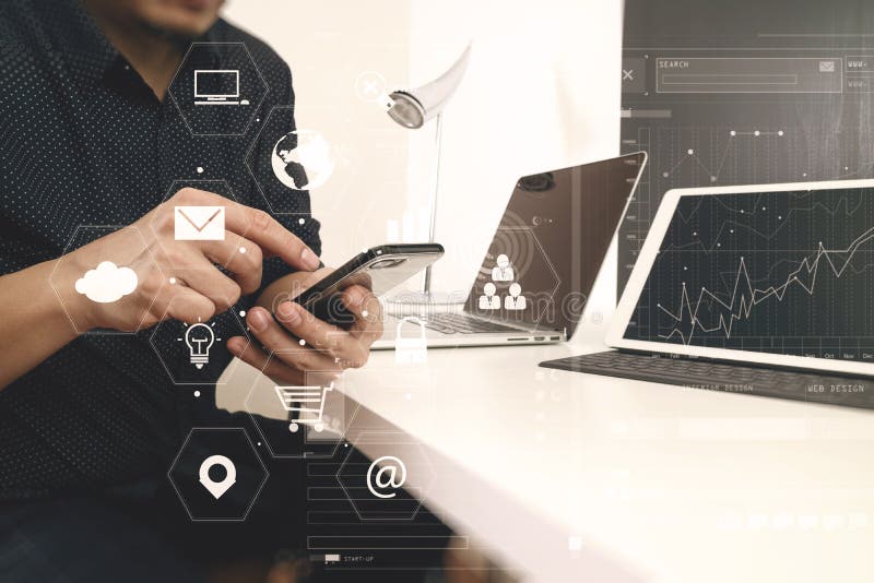 Businessman Working with Smart Phone and Digital Tablet and Laptop ...