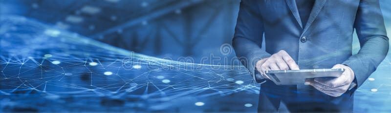 Businessman Working with Tablet on Abstract Digital Background. Digital ...