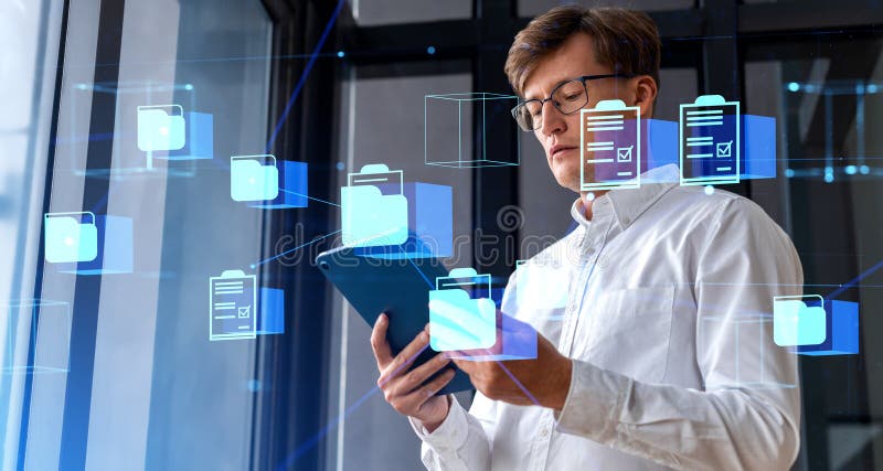 Businessman Working with Tablet, Document Management System Hologram ...