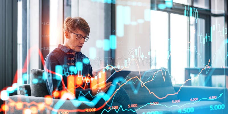 Businessman Working in Tablet, Forex Analysis and Candlesticks D Stock ...