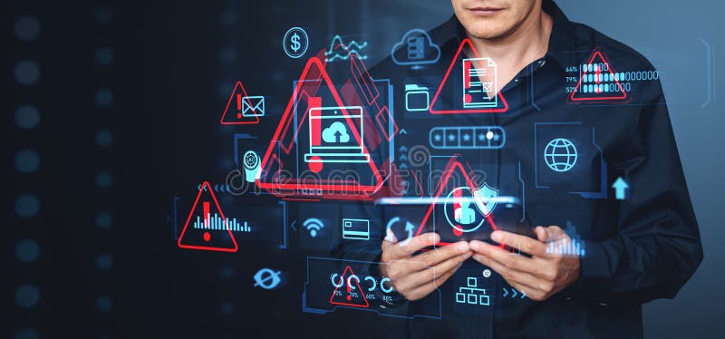 Businessman Working with Tablet, System Alert Hologram with Diverse ...