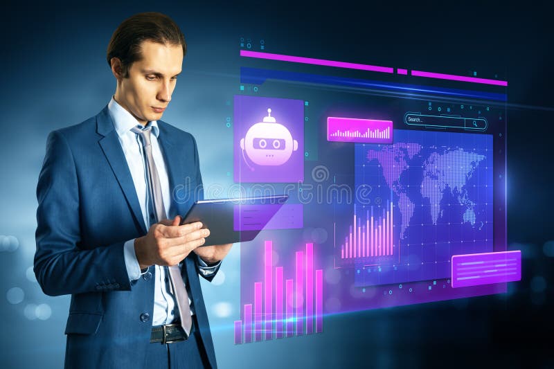 Businessman Working on Tablet with Virtual Financial Charts and Bot ...