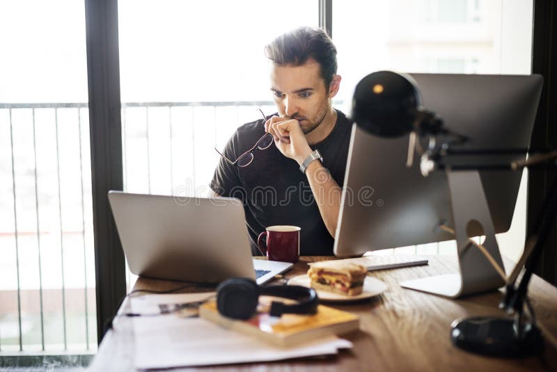 Businessman Working Using Computer Devices Concept Stock Photo - Image ...