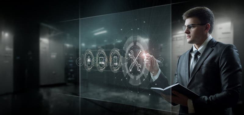 A Businessman is Working on a Virtual Computer Screen Stock Photo ...