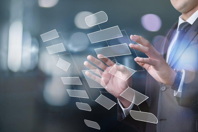 Businessman Working on a Virtual Computer Screen with Program Flowchart ...