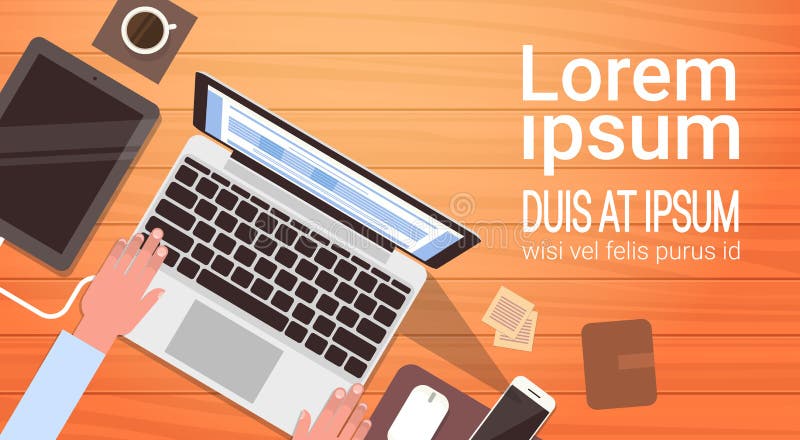 Businessman Workplace Desk Hands Working Laptop Computer Top Angle View ...