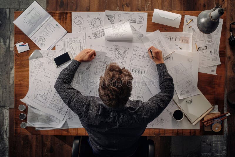 Businessman Works on a Sketches of a Startup Creative Project ...
