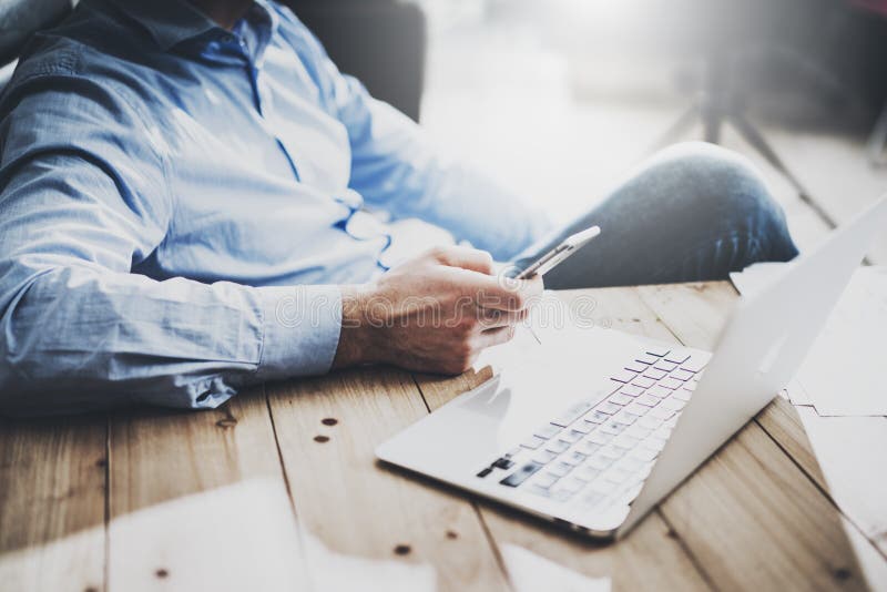 Businessman on Workspace. Texting Message Smartphone. Generic Design ...