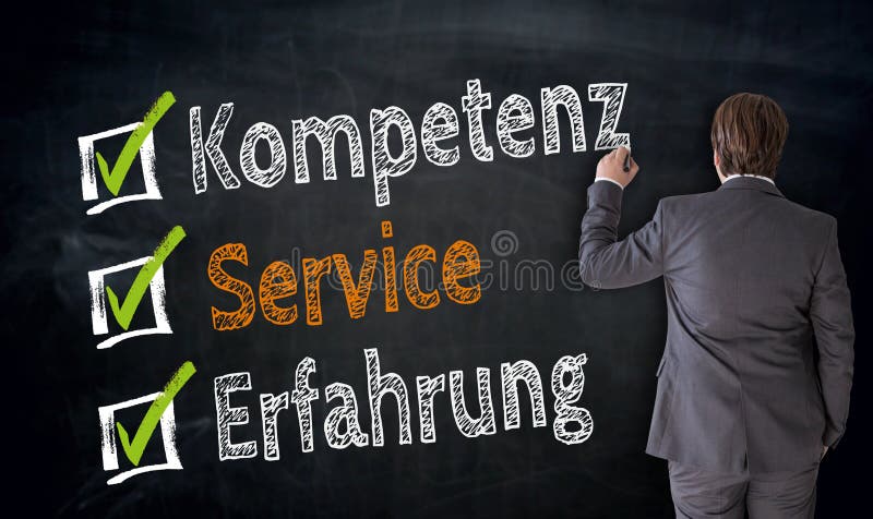 Businessman Writes Kompetenz, Service, Erfahrung & X28;in German Comp ...