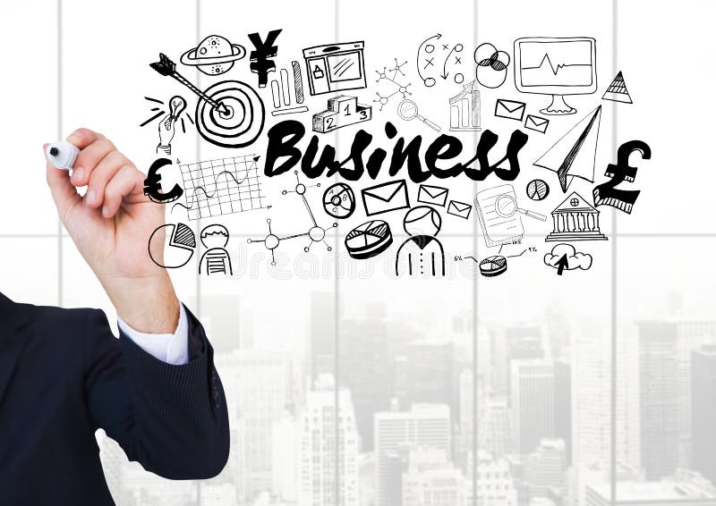 Businessman Writing and Business Text with Drawings Graphics Stock ...