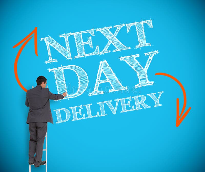 Businessman Writing Next Day Delivery on a Wall Stock Image - Image of ...
