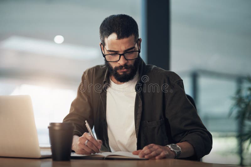 Businessman, Writing and Notebook in Office at Night for it Notes ...