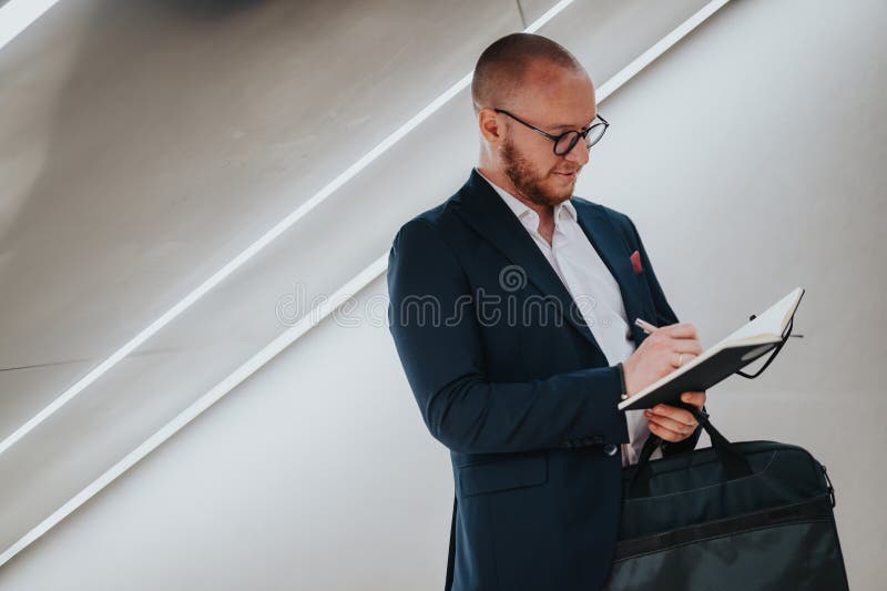 Businessman Writing in Notebook while Standing at Night in a Modern ...