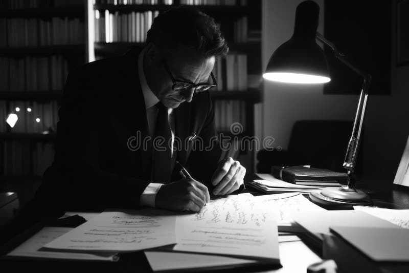Businessman Writing Notes Under Desk Lamp in Office at Night Stock ...