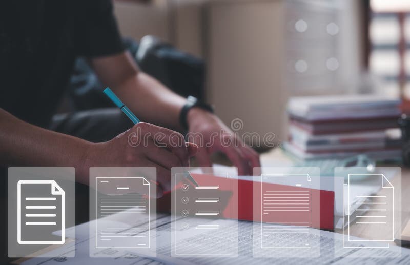 Businessman Writing on Paper with Virtual Document in Document Data ...