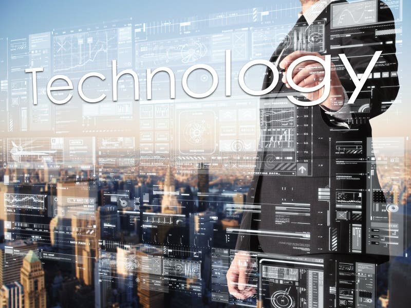 Businessman Writing Technology on Transparent Board with City in ...