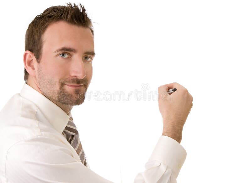Businessman is Writing on a Virtual Whiteboard Stock Photo - Image of ...