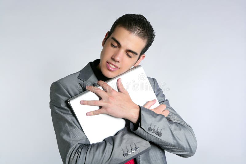Businessman Young Embracing Computer, Hug Laptop Stock Photo - Image of ...