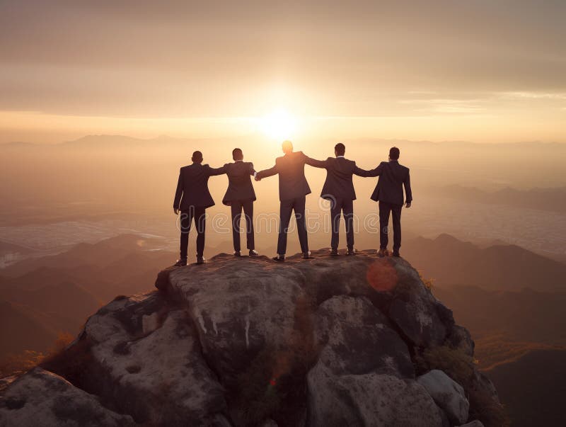 Businessmans Helping Hand Each Other on Mountain Top, Teamwork Concept ...