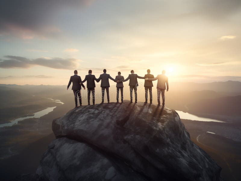 Businessmans Helping Hand Each Other on Mountain Top, Teamwork Concept ...