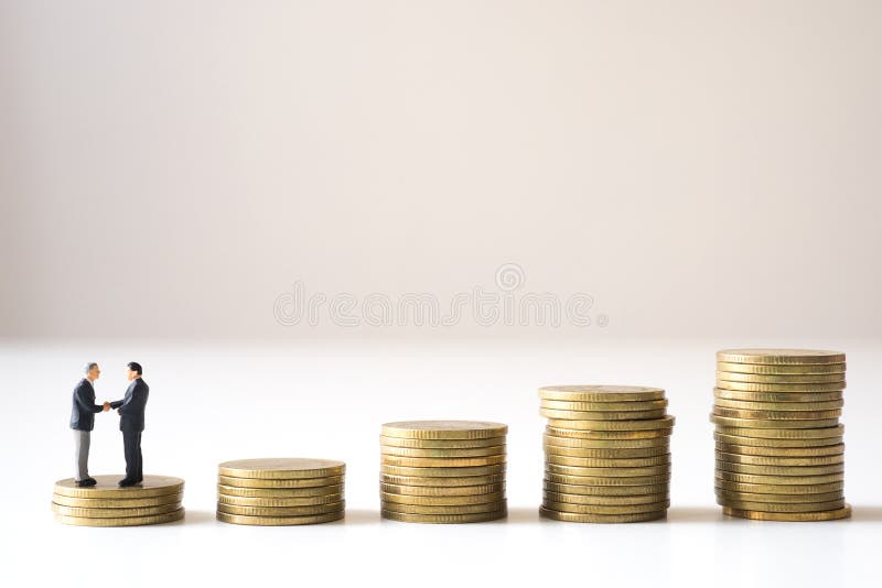 Businessmen Checking Hand on First Step of Coin Stack Stair. Stock ...