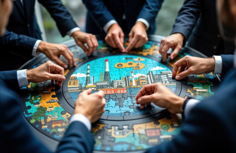 Businessmen Collaborate on Large Multi-colored Puzzle Representing ...