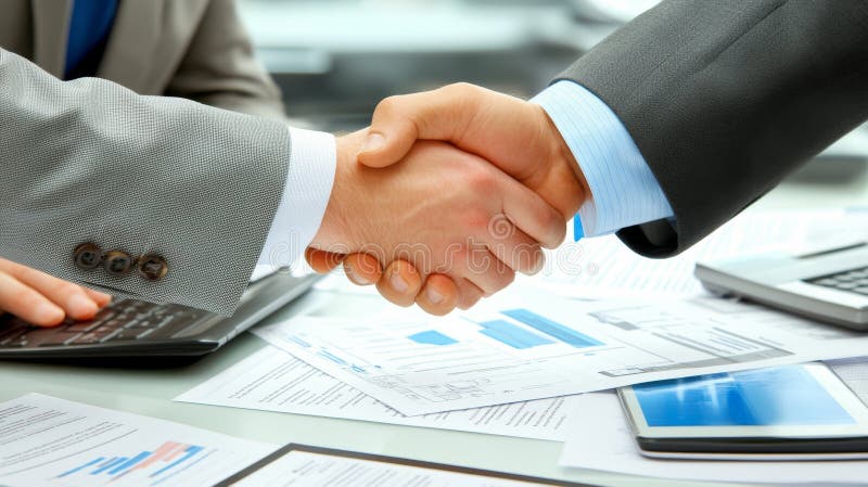 Businessmen Engaging in a Professional Handshake Over Documents and a ...