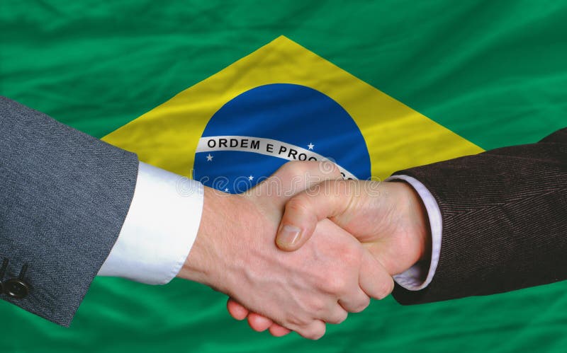 Businessmen Handshake in Front of Brazil Flag Stock Image - Image of ...