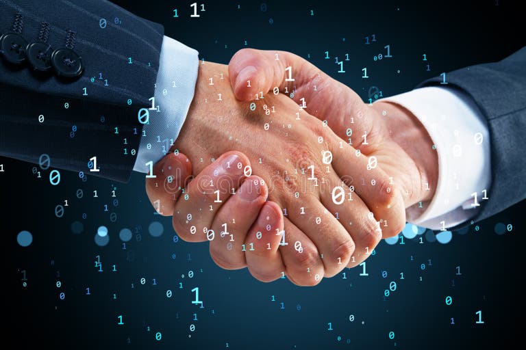 Businessmen Handshake Surrounded by Binary Code Representing Digital Partnership and Virtual ...
