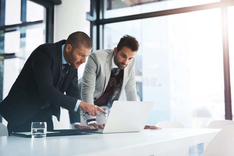 Businessmen, Laptop and Pointing for Problem Solving in Office ...