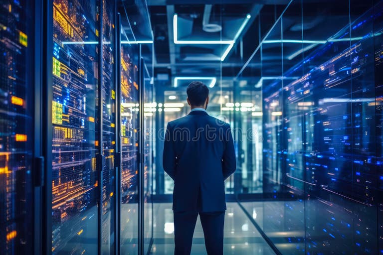 Businessmen Looking at a Modern Data Center, Surrounded by Servers and Cables. Concept of ...