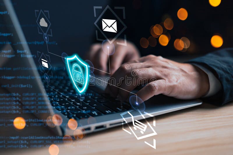Businessmen Protect Personal Data Information from Viruses on a Laptop ...