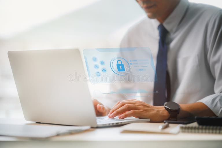 Businessmen Protecting Personal Data on Laptops and Virtual Interfaces ...