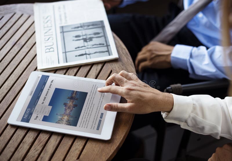 Businessmen Reading Newspaper Women Use Tablet Stock Image - Image of ...