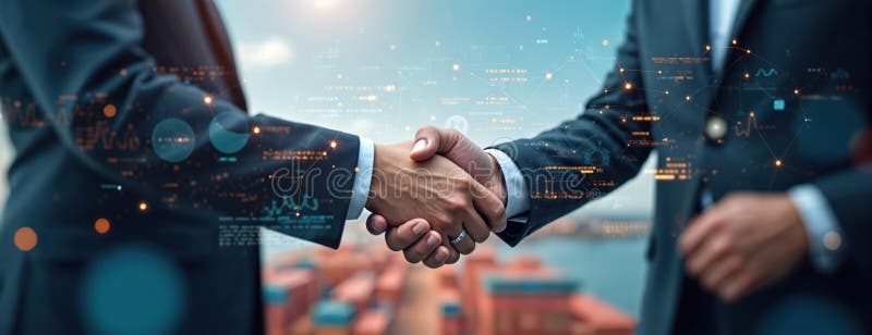 Businessmen Shake Hands Against Blurred Backdrop of Cargo Ship, Global ...