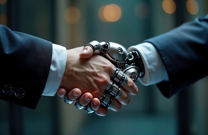 Businessmen Shake Hands with Robot. Partnership between Human ...