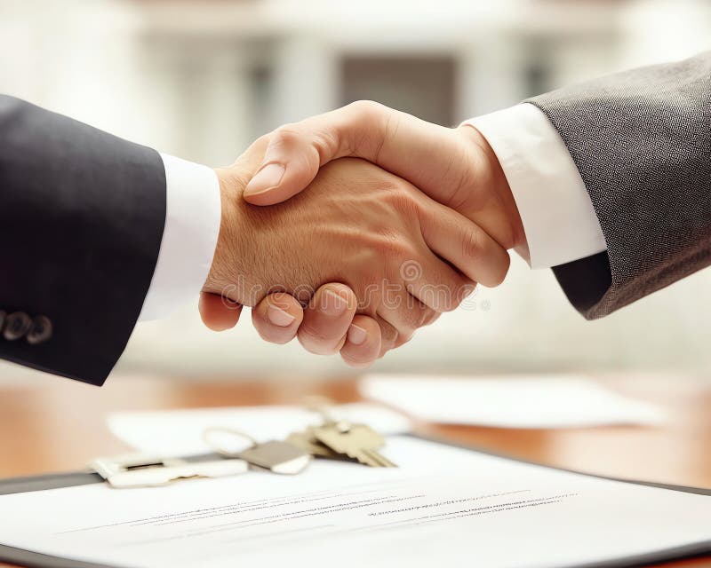 Businessmen Shaking Hands, Contract and Keys on Table Stock Image ...