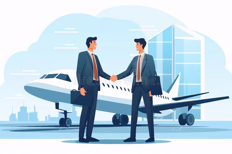 Businessmen Shaking Hands in Front of an Airplane Illustration AI ...