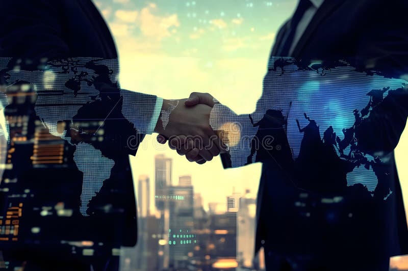 Businessmen Shaking Hands with Global Network Overlay Cityscape ...
