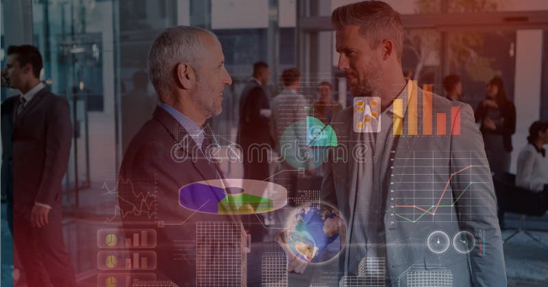Businessmen Shaking Hands with Virtual Screen in Foreground Stock Image ...
