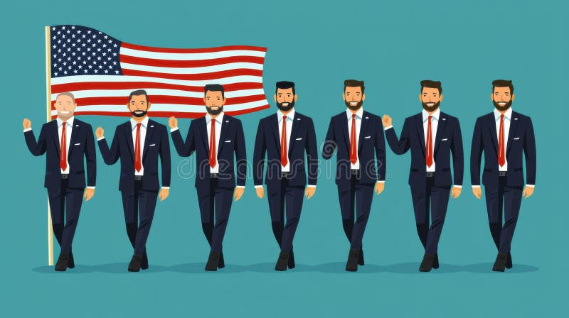 Businessmen in Suits Marching with American Flag on Blue Background ...