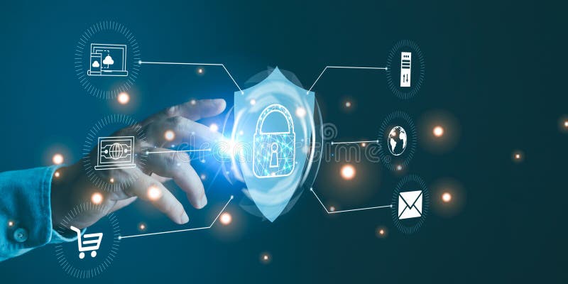 Businessmen Touch Virtual Screen Interfaces with Protect Personal Data ...