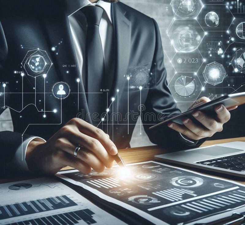 Businessmen Use Tablets and Computers To Study Sales Data and Graphs ...