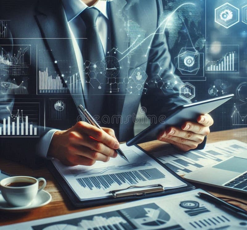 Businessmen Use Tablets and Computers To Study Sales Data and Graphs ...