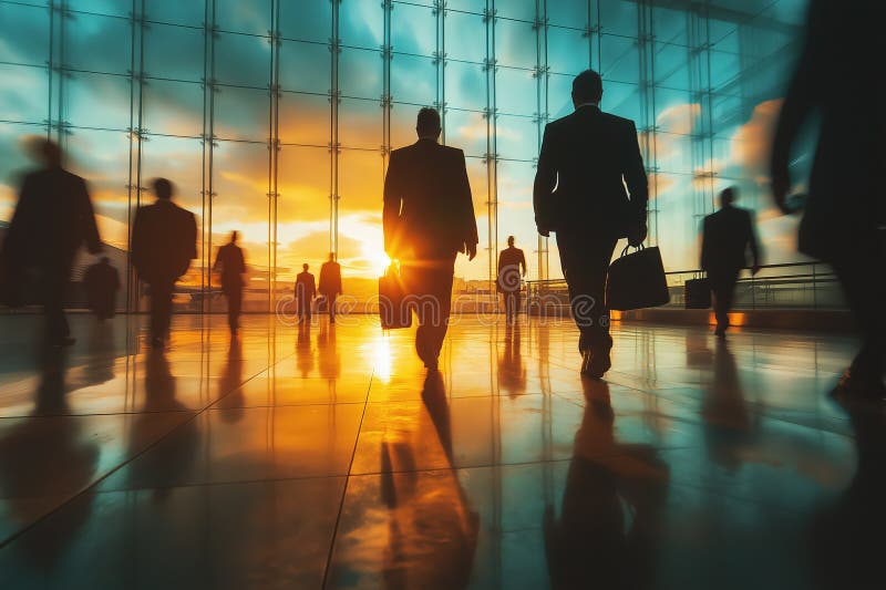 Businessmen Walking in Modern Building at Sunset Stock Illustration ...